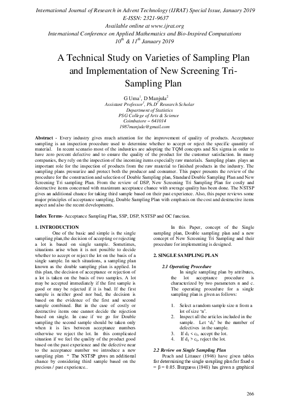 (PDF) A Technical Study on Varieties of Sampling Plan and Implementation of New Screening Tri ...