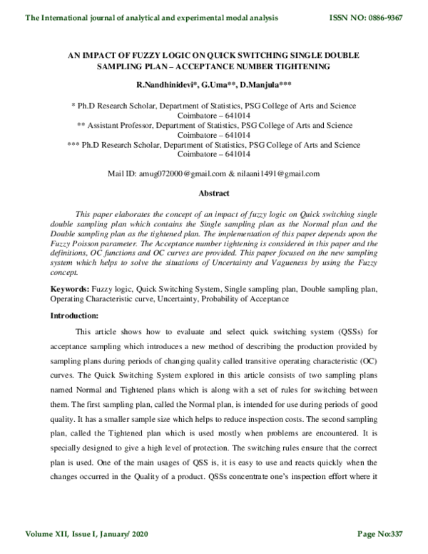 (PDF) AN IMPACT OF FUZZY LOGIC ON QUICK SWITCHING SINGLE DOUBLE SAMPLING PLAN -ACCEPTANCE NUMBER ...