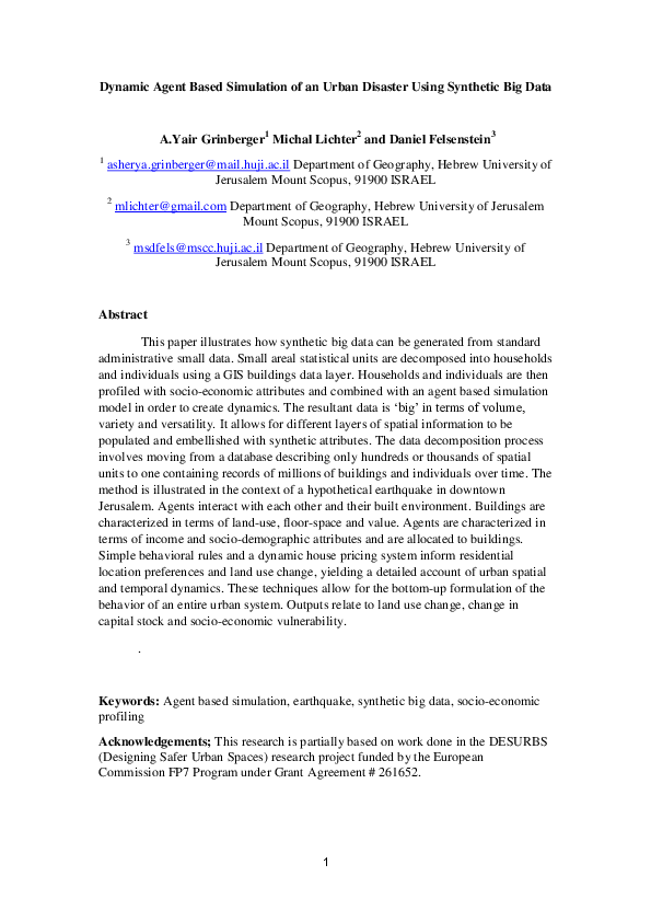 (PDF) Dynamic Agent Based Simulation of an Urban Disaster Using Synthetic Big Data