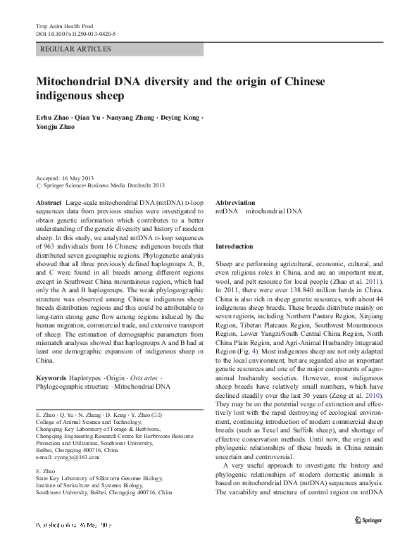 (PDF) Mitochondrial DNA diversity and the origin of Chinese indigenous sheep