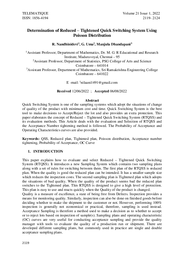 (PDF) Determination of Reduced -Tightened Quick Switching System Using Poisson Distribution