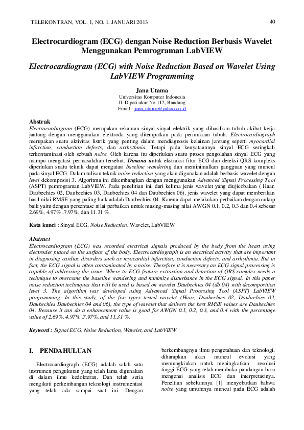 Pdf Electrocardiogram Ecg Dengan Noise Reduction Berbasis Wavelet Menggunakan Pemrograman