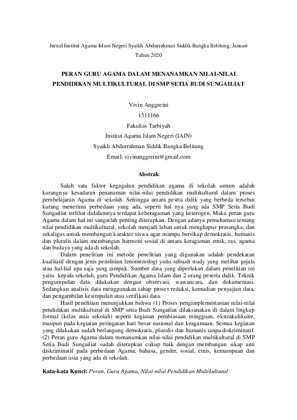 (PDF) Peran Guru Agama Dalam Menanamkan Nilai-Nilai Pendidikan Multikultural DI SMP Setia Budi ...