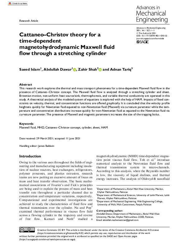 (PDF) Cattaneo–Christov theory for a time-dependent magnetohydrodynamic Maxwell fluid flow ...