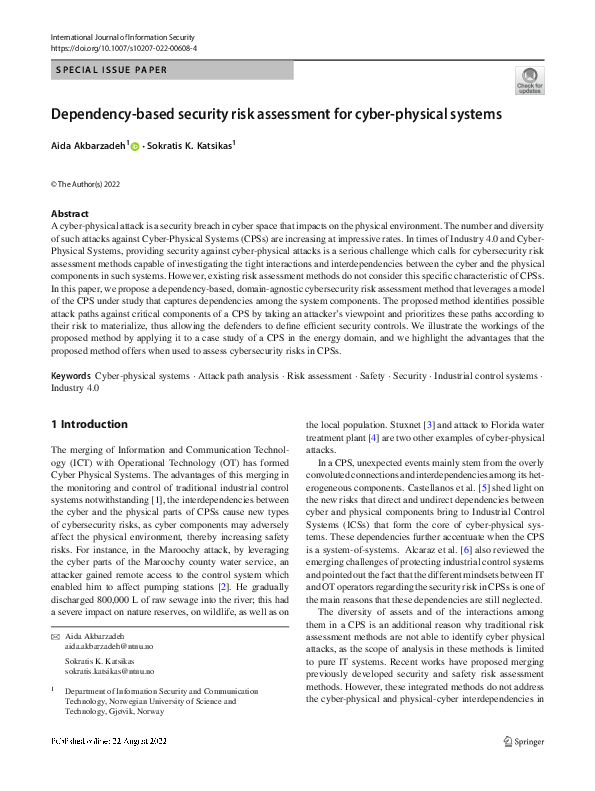 (PDF) Dependency-based security risk assessment for cyber-physical systems