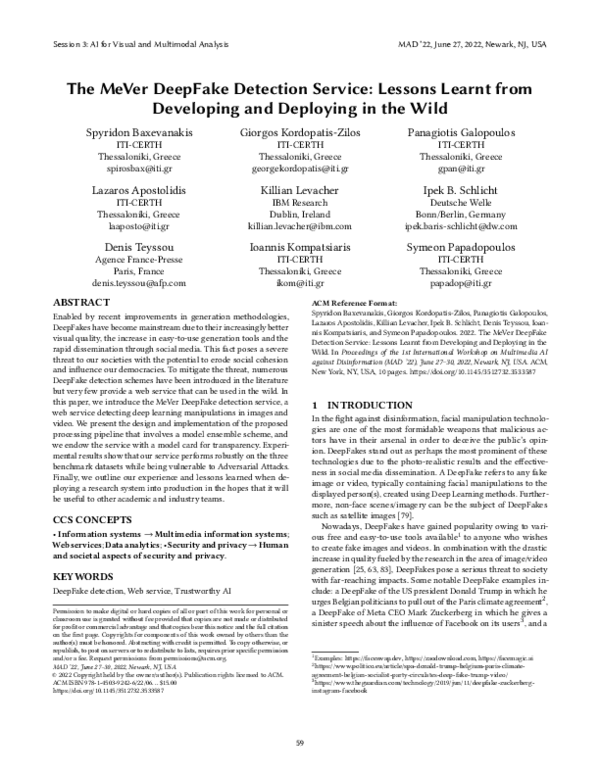 (PDF) The MeVer DeepFake Detection Service: Lessons Learnt from Developing and Deploying in the Wild