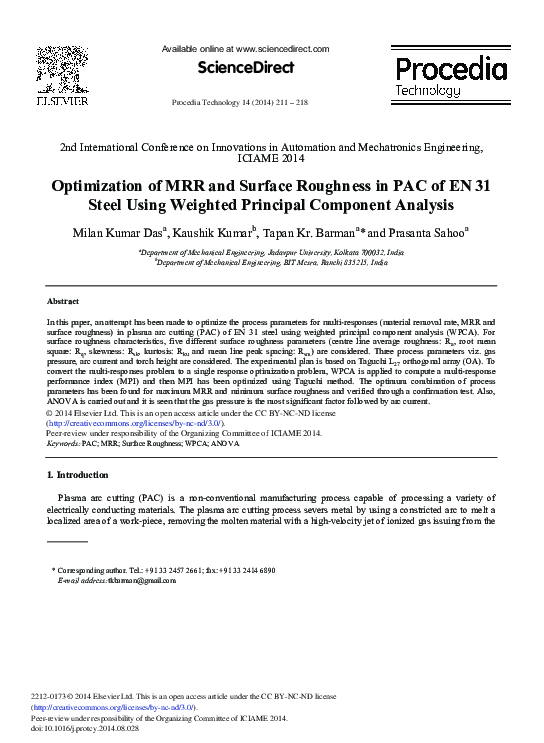 (PDF) Optimization of MRR and Surface Roughness in PAC of EN 31 Steel Using Weighted Principal ...