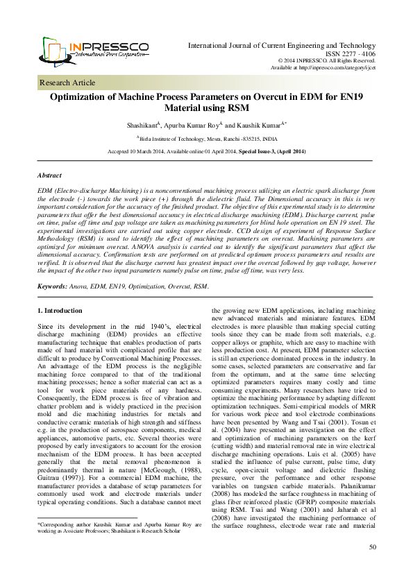 Pdf Optimization Of Machine Process Parameters On Overcut In Edm For En19 Material Using Rsm