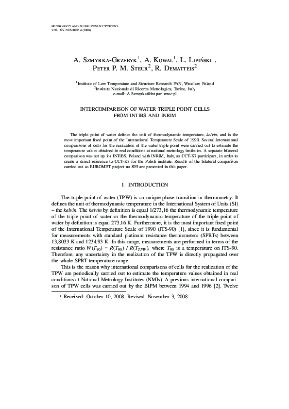 (PDF) Intercomparsion of water triple point cells from INTiBS and INRiM