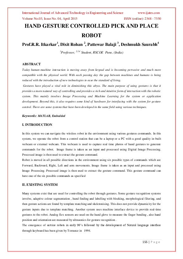 (PDF) Hand Gesture Controlled Pick and Place Robot