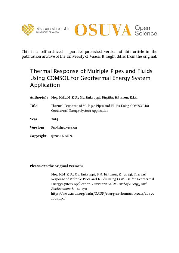 (PDF) Thermal Response of Multiple Pipes and Fluids Using COMSOL for ...