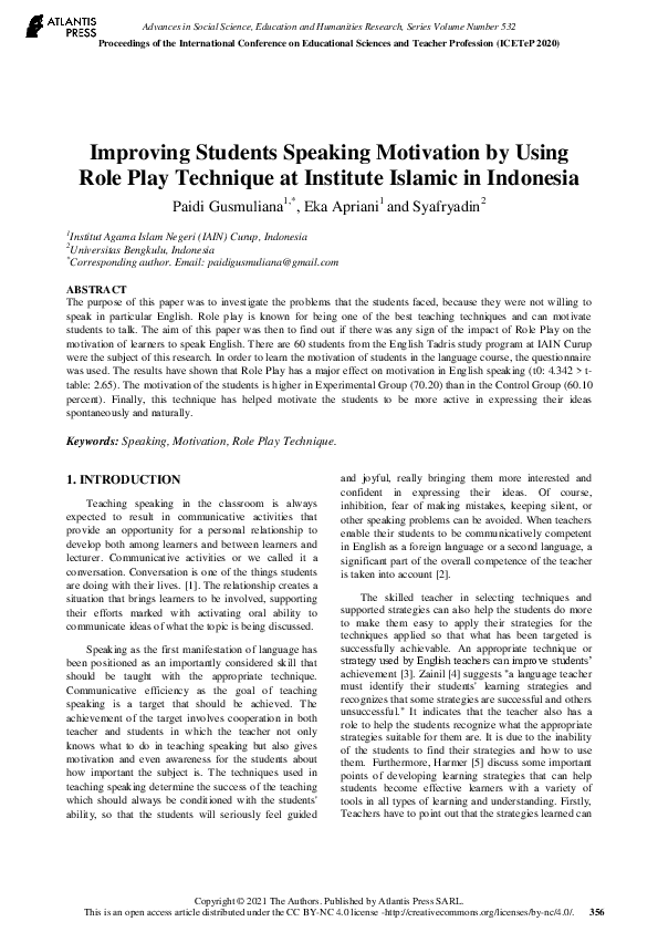 (PDF) Improving Students Speaking Motivation by Using Role Play Technique at Institute Islamic ...