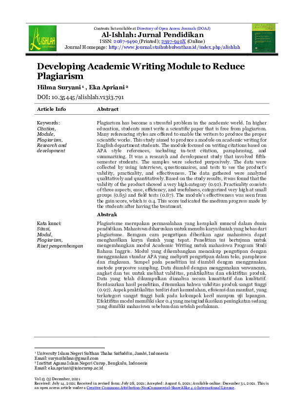 Developing Academic Writing Module to Reduce Plagiarism