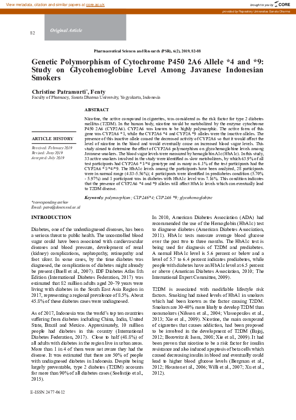 (PDF) Genetic Polymorphism of Cytochrome P450 2A6 Allele *4 and *9: Study on Glycohemoglobine ...