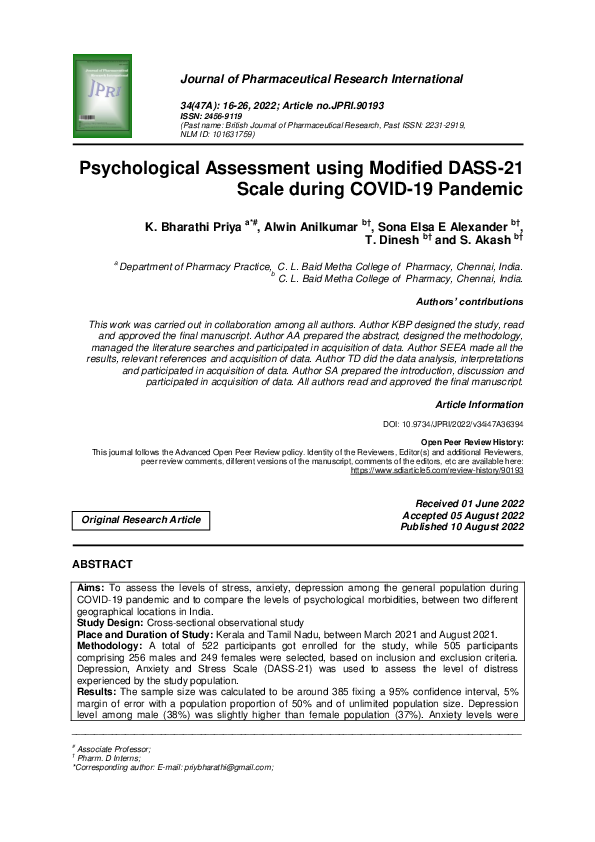 (PDF) Psychological Assessment using Modified DASS-21 Scale during ...