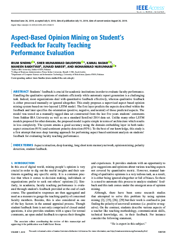 (PDF) Aspect-Based Opinion Mining on Student’s Feedback for Faculty Teaching Performance Evaluation