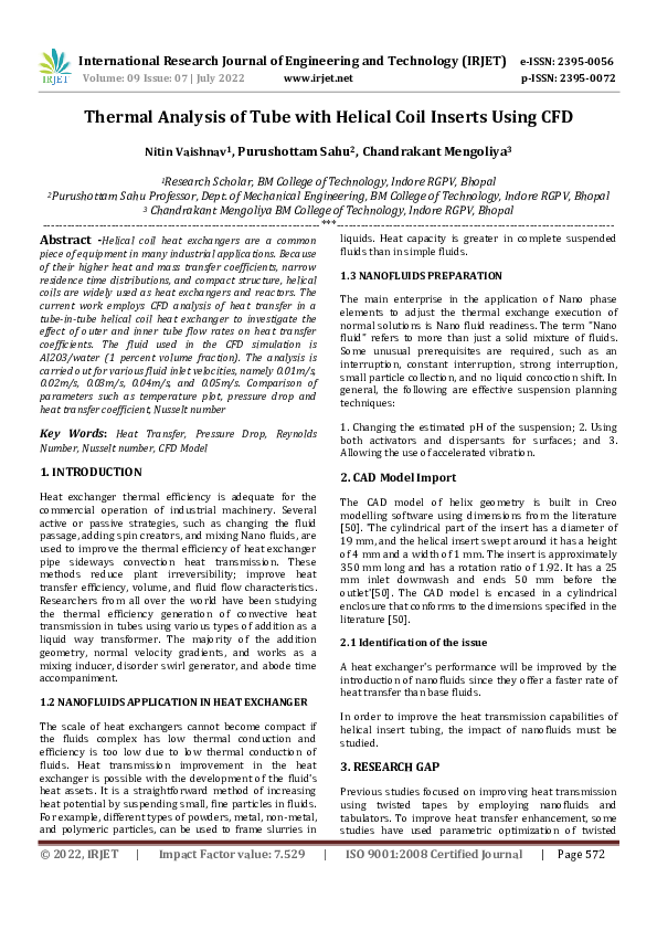 (PDF) Thermal Analysis of Tube with Helical Coil Inserts Using CFD