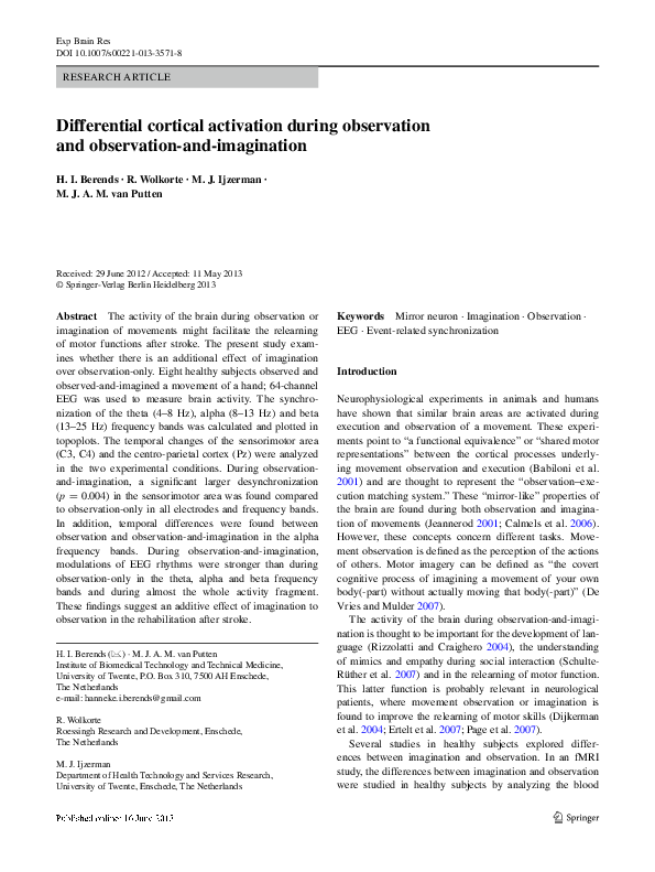 (PDF) Differential cortical activation during observation and observation-and-imagination