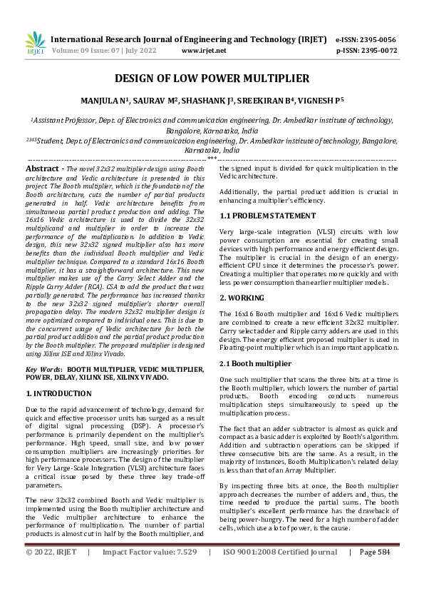 (PDF) DESIGN OF LOW POWER MULTIPLIER