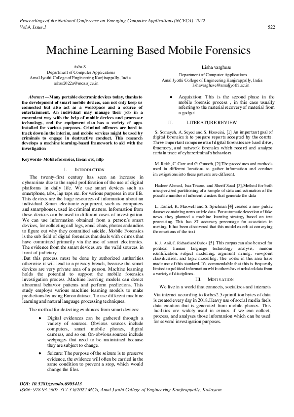 Pdf Machine Learning Based Mobile Forensics