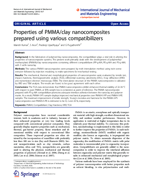 (PDF) Properties of PMMA/clay nanocomposites prepared using various ...