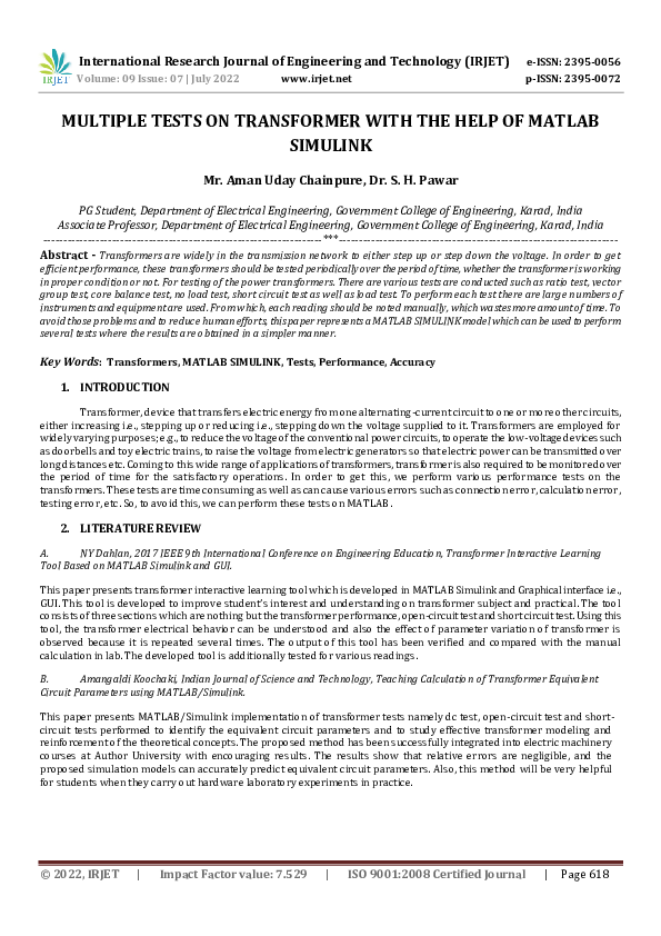Pdf Multiple Tests On Transformer With The Help Of Matlab Simulink 9679