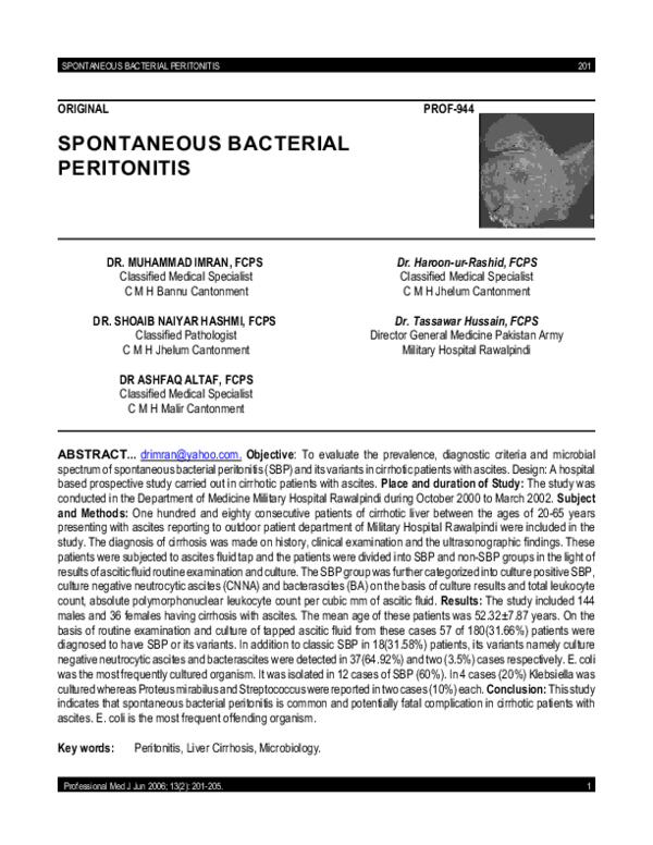 (PDF) Spontaneous Bacterial Peritonitis | ShOaiB Hashmi - Academia.edu