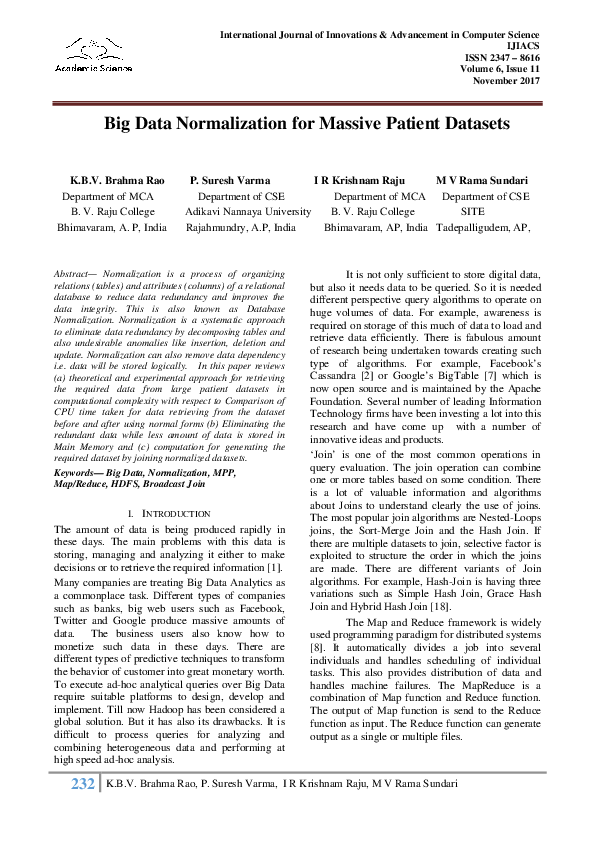 (PDF) Big Data Normalization for Massive Patient Datasets