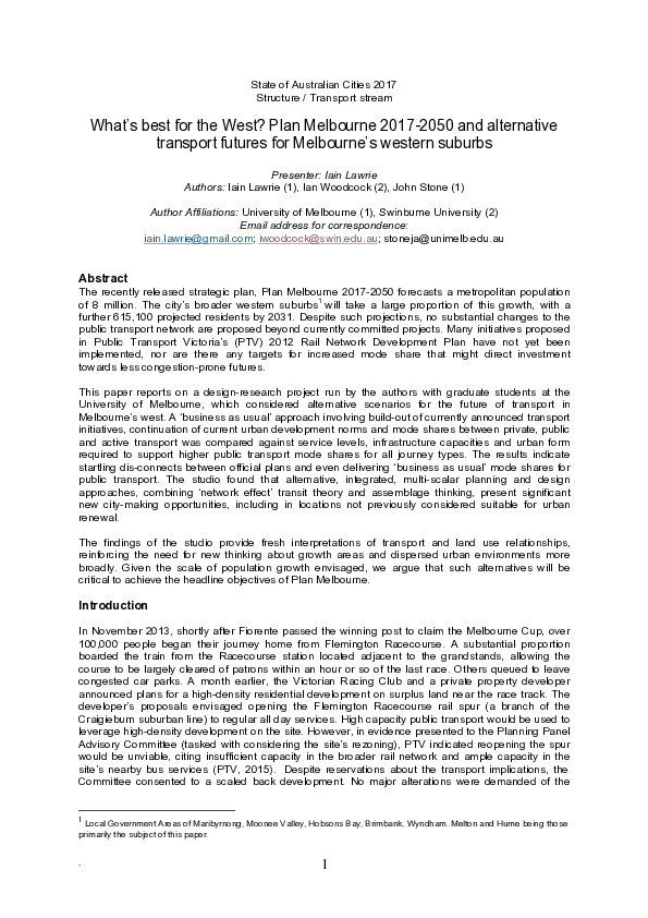 (PDF) What's best for the West? Plan Melbourne 2017-2050 and ...