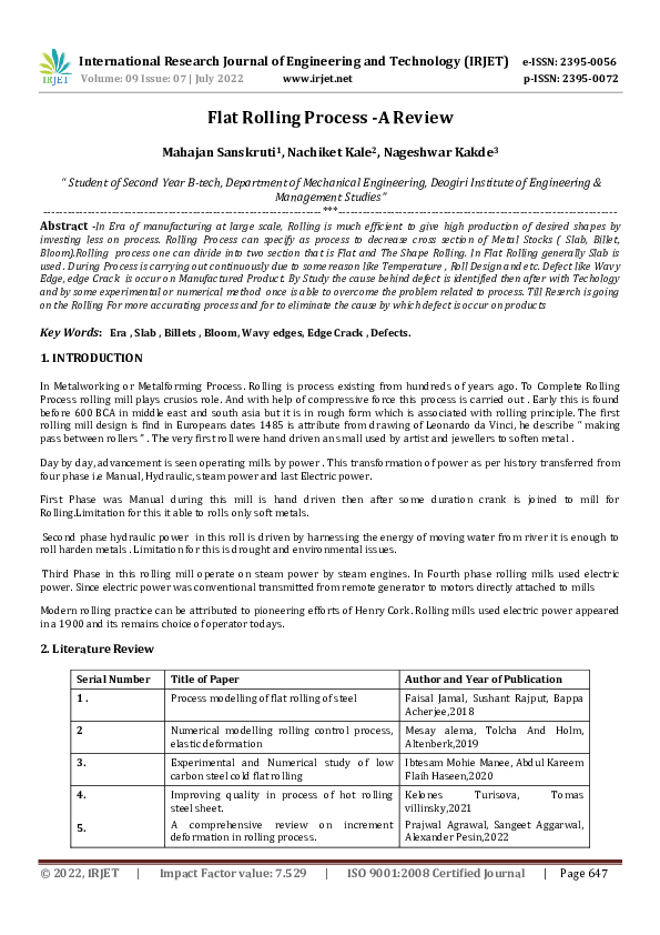 (PDF) Flat Rolling Process -A Review