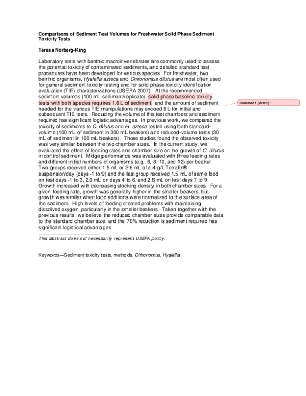 (PDF) Comparisons of Sediment Test Volumes for Freshwater Solid Phase ...