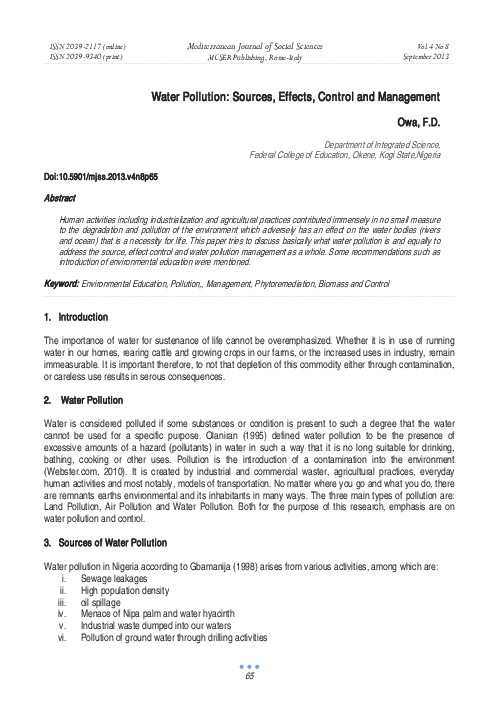 (PDF) Water Pollution: Sources, Effects, Control and Management