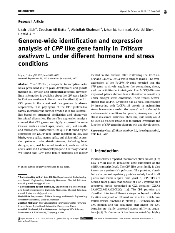 (PDF) Genome-wide identification and expression analysis of CPP-like gene family in Triticum ...