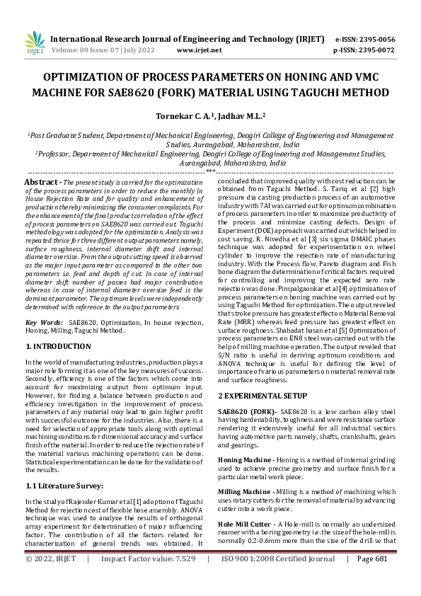 (PDF) OPTIMIZATION OF PROCESS PARAMETERS ON HONING AND VMC MACHINE FOR SAE8620 (FORK) MATERIAL ...