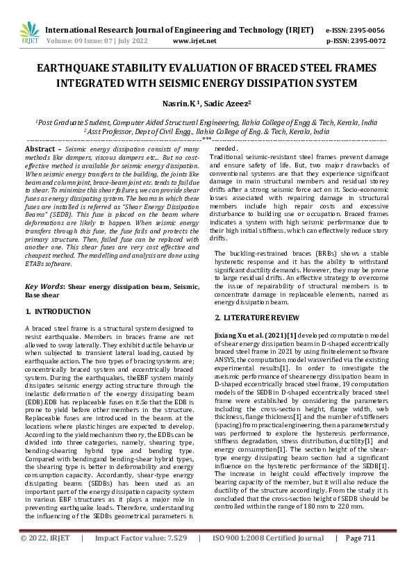 (PDF) EARTHQUAKE STABILITY EVALUATION OF BRACED STEEL FRAMES INTEGRATED ...