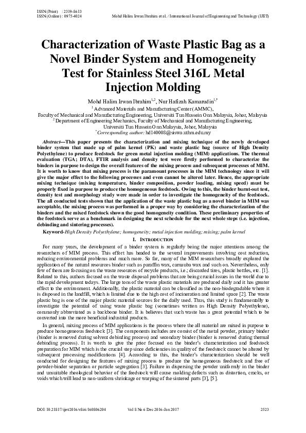 (PDF) Characterization of Waste Plastic Bag as a Novel Binder System ...