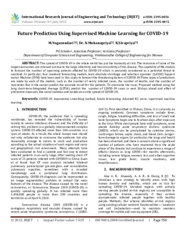 (PDF) Future Prediction Using Supervised Machine Learning for COVID-19