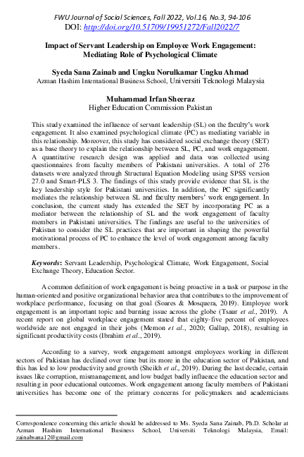 (PDF) Impact of Servant Leadership on Employee Work Engagement: Mediating Role of Psychological ...