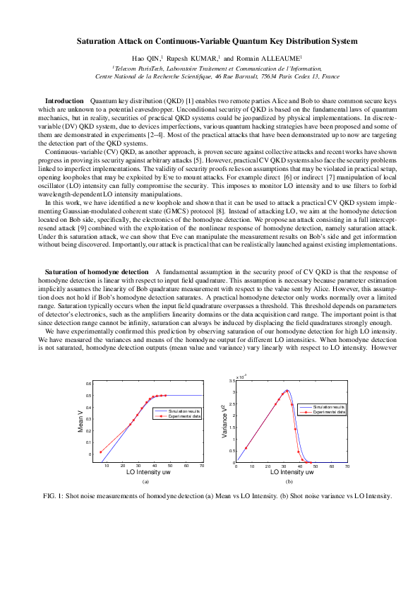 Pdf Saturation Attack On Continuous Variable Quantum Key Distribution System