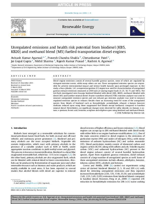 (PDF) Unregulated emissions and health risk potential from biodiesel (KB5, KB20) and methanol ...