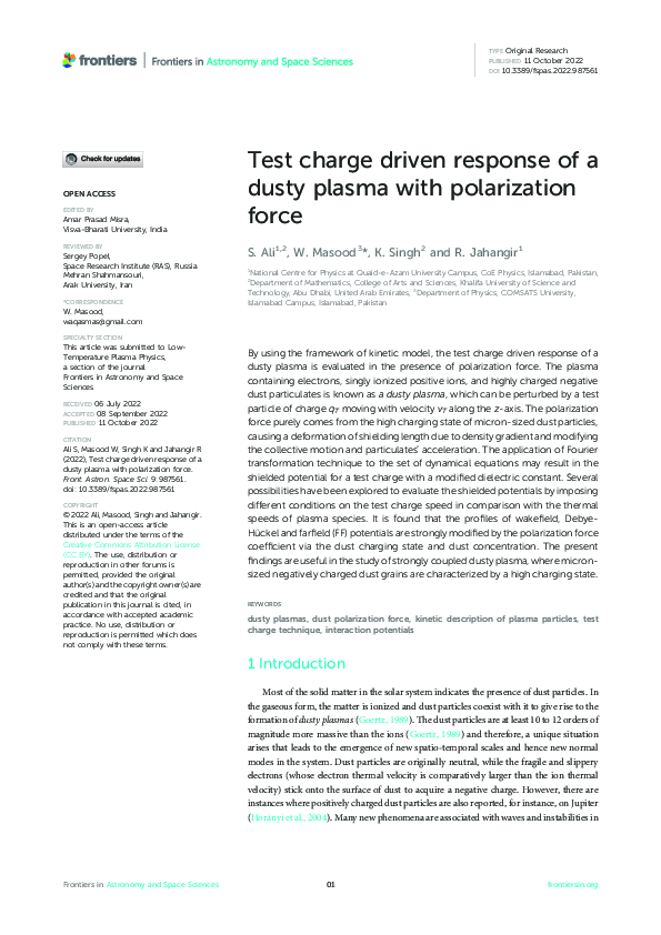 (PDF) Test charge driven response of a dusty plasma with polarization force