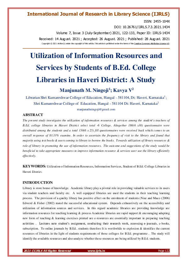 (PDF) Utilization of Information Resources and Services by Students of B.Ed. College Libraries ...