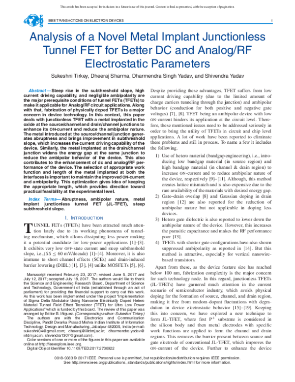 Pdf Analysis Of A Novel Metal Implant Junctionless Tunnel Fet For Better Dc And Analog Rf