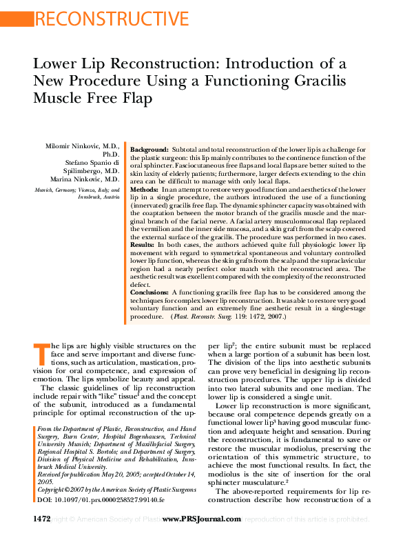 (PDF) Lower Lip Reconstruction: Introduction of a New Procedure Using a Functioning Gracilis ...