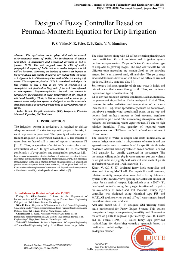 (PDF) Design of Fuzzy Controller Based on Penman-Monteith Equation for Drip Irrigation ...