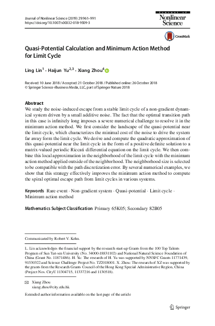(PDF) Quasi-Potential Calculation and Minimum Action Method for Limit Cycle (PDF) Quasi-Potential Calculation and Minimum Action Method for Limit Cycle