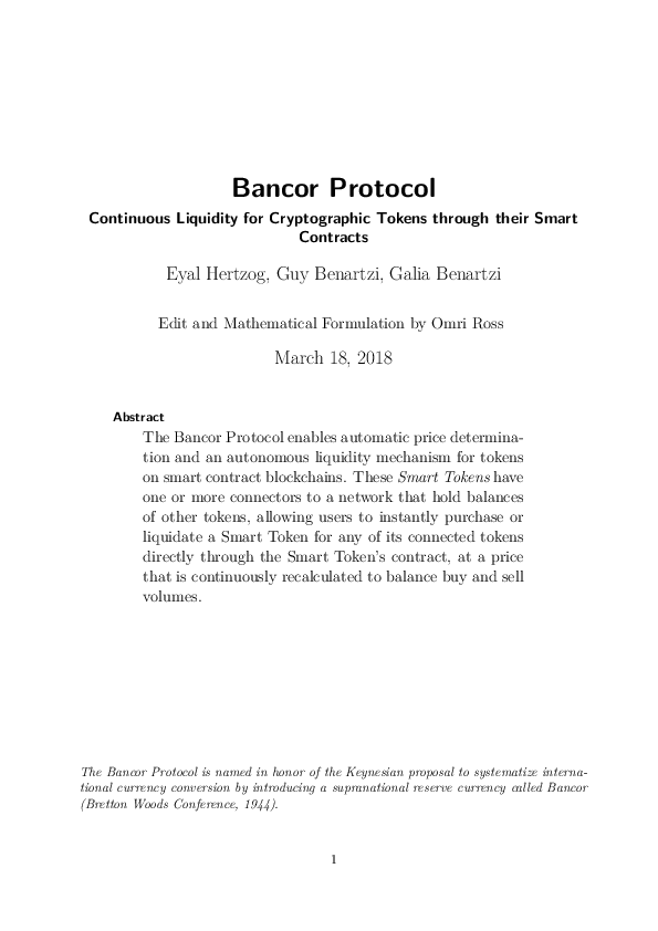 (PDF) Bancor Protocol Continuous Liquidity For Cryptographic Tokens Through Their Smart Contracts