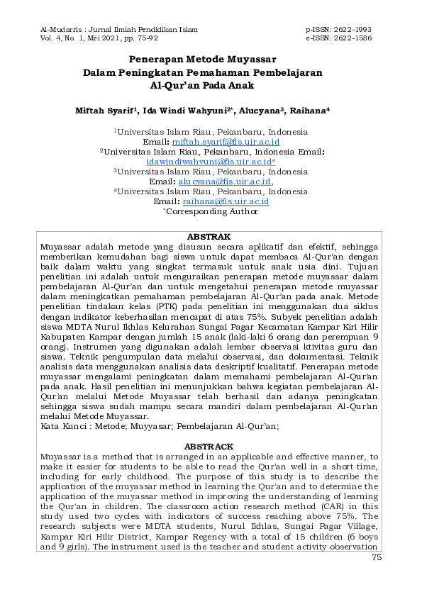 (PDF) Penerapan Metode Muyassar Dalam Peningkatan Pemahaman Pembelajaran Al-Qur’an Pada Anak