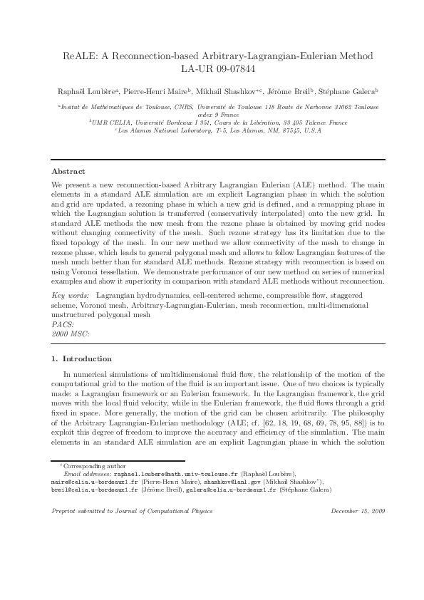 Pdf Reale A Reconnection Based Arbitrary Lagrangian Eulerian Method