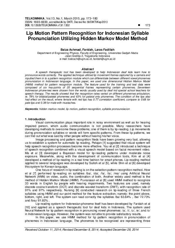 (PDF) Lip Motion Pattern Recognition for Indonesian Syllable Pronunciation Utilizing Hidden ...